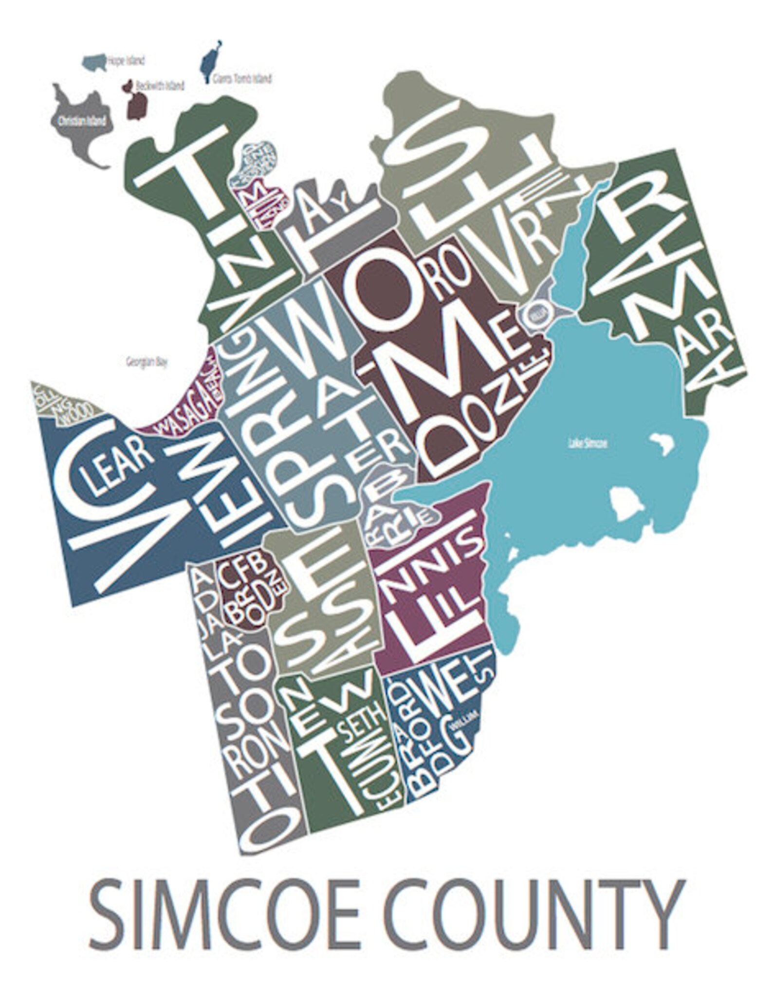 Typographic Map of Simcoe County Lake Simcoe Area Map - Etsy Canada