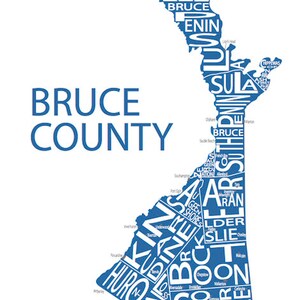 Typographic Map of Bruce County, Ontario | County Map Print | Lake ...