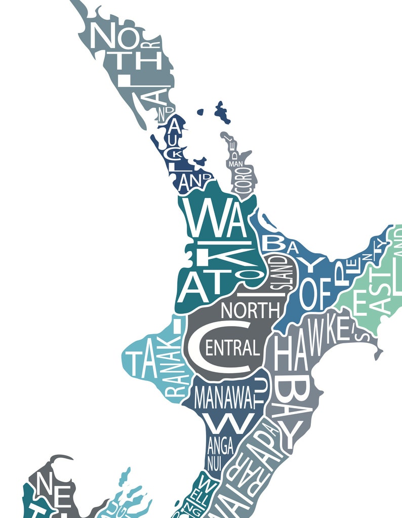 Typographic Map of New Zealand | Kiwi Map | Country Map Print | Custom ...