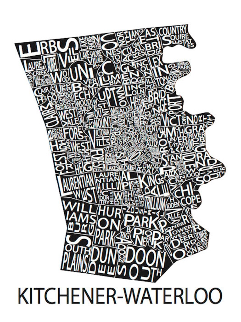 Typographic Map of Kitchener Waterloo, Ontario | KW City Map Print ...