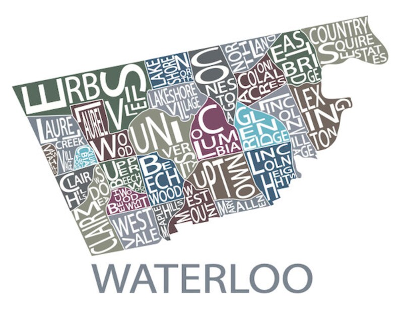 Typographic Map of Waterloo, Ontario | City Map Print | Neighbourhood ...