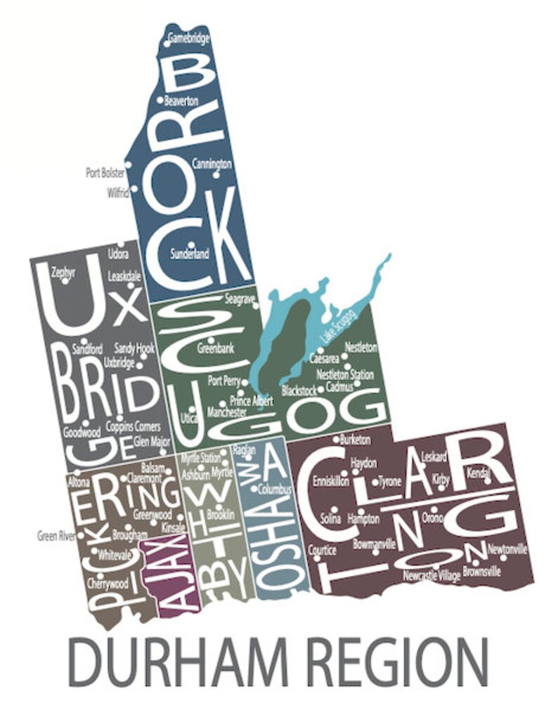 Typographic Map of Durham Region Ontario Ajax Clarington | Etsy