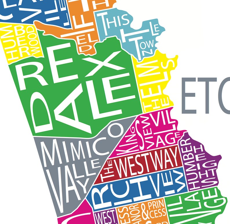 Typographic Map of Etobicoke in Toronto Neighbourhood Map | Etsy