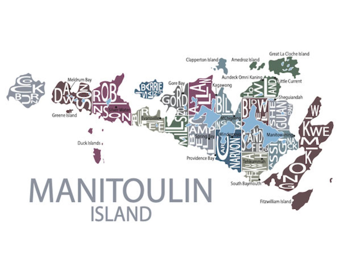 Typographic Map of Manitoulin Island | Manitoulin Map | Ontario Island ...