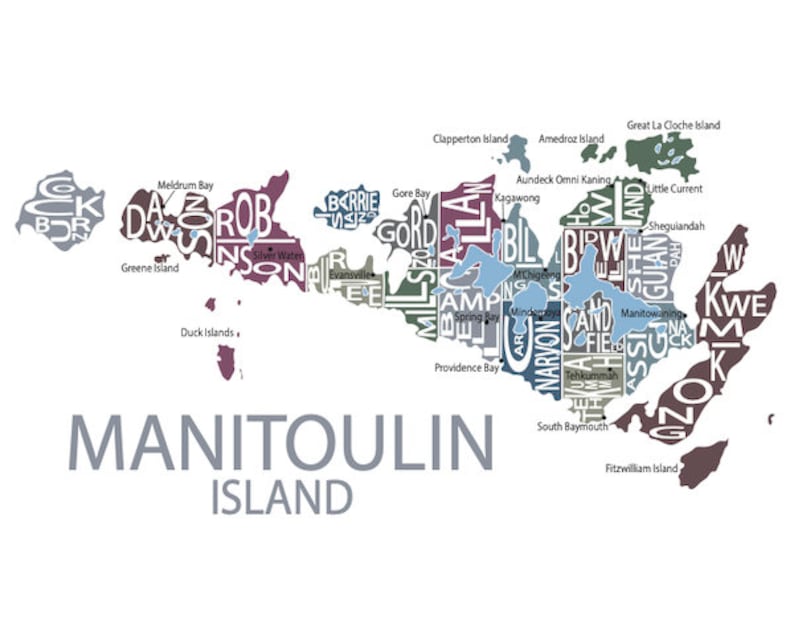 Typographic Map of Manitoulin Island | Manitoulin Map | Ontario Island ...
