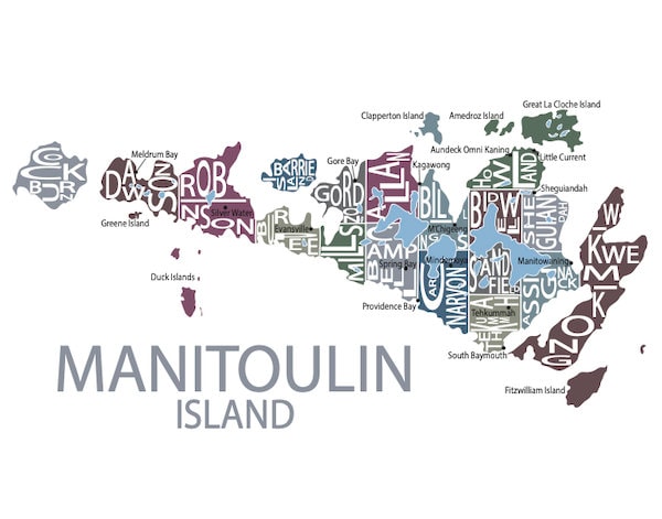 Typographic Map of Manitoulin Island | Manitoulin Map | Ontario Island ...