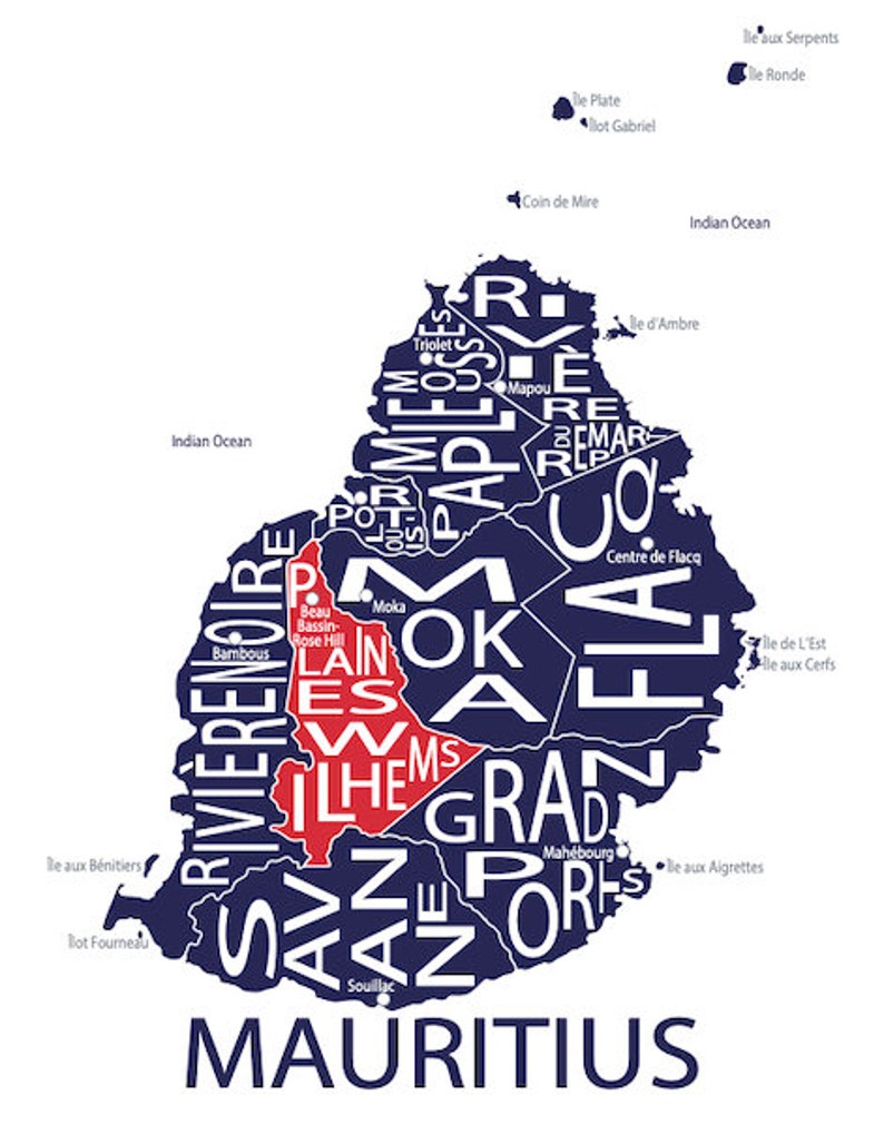 Typographic Map Mauritius | East African Island | Country Map Print ...