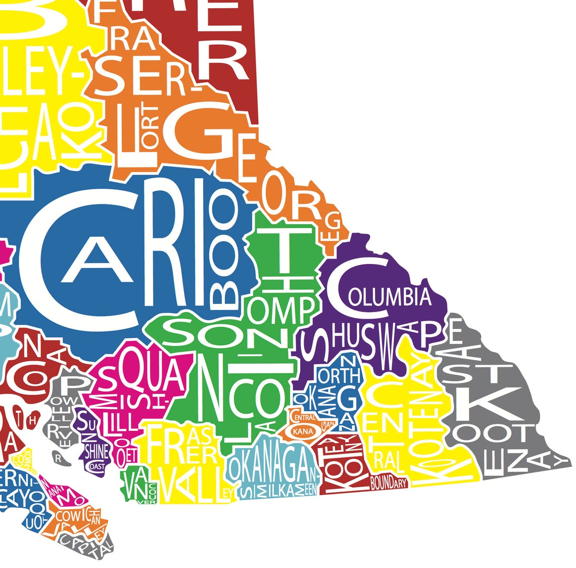 Typographic Map of British Columbia Canada Provincial Map | Etsy
