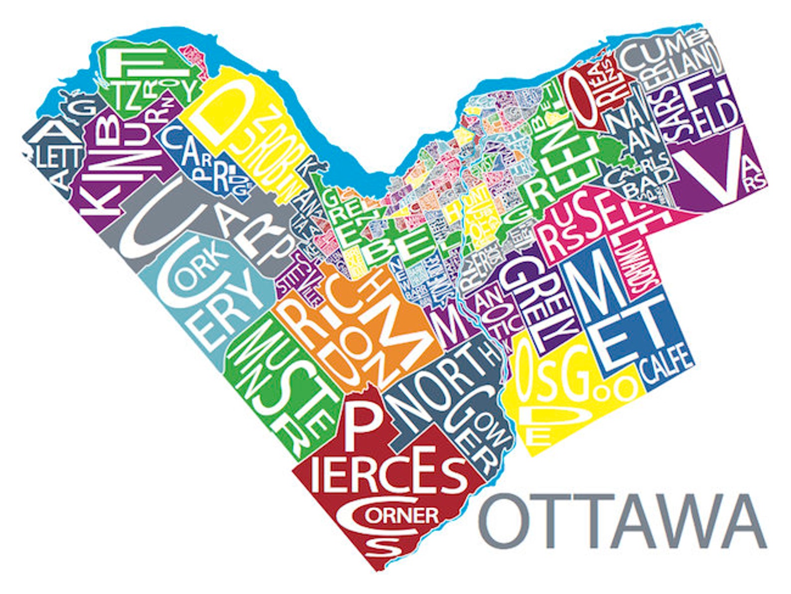 Typographic Map of Ottawa, Ontario | Neighbourhood Poster | City Map ...
