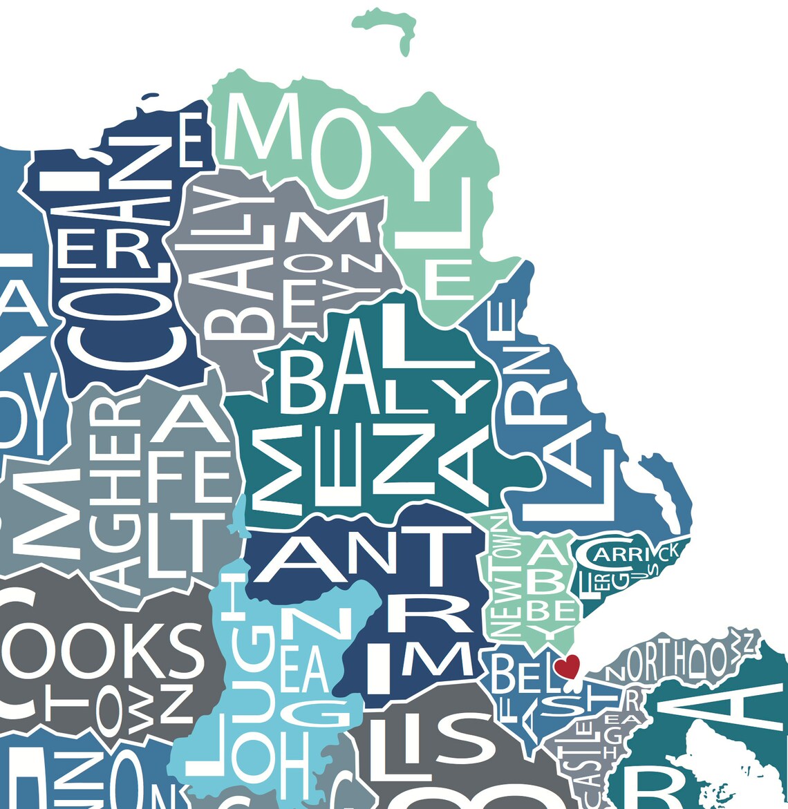 Typographic Map of Northern Ireland Irish Map Country Map | Etsy