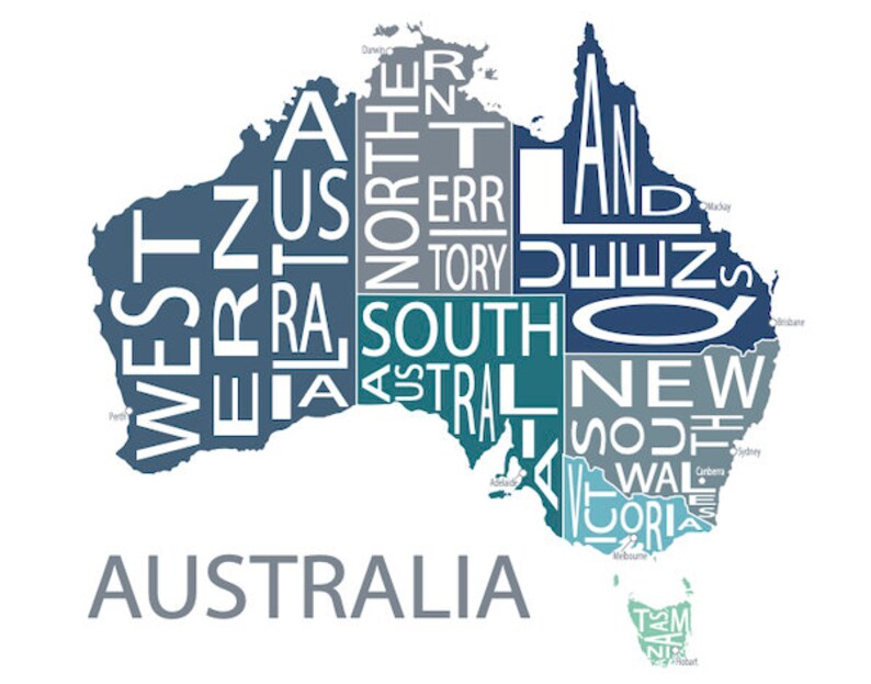 Typographic Map of Australia Aussie Regional Map With | Etsy