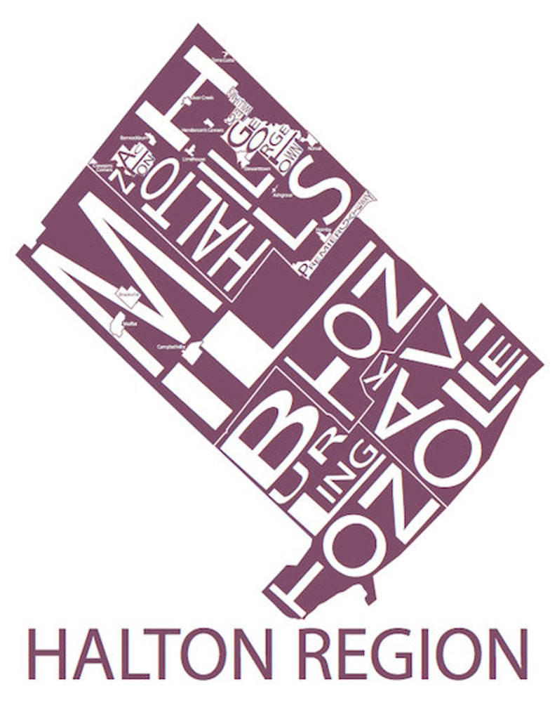 Typographic Map of Halton Region Ontario Burlington Halton | Etsy