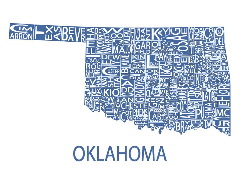 Typographic Map of Oklahoma USA State Map OK Counties Map - Etsy