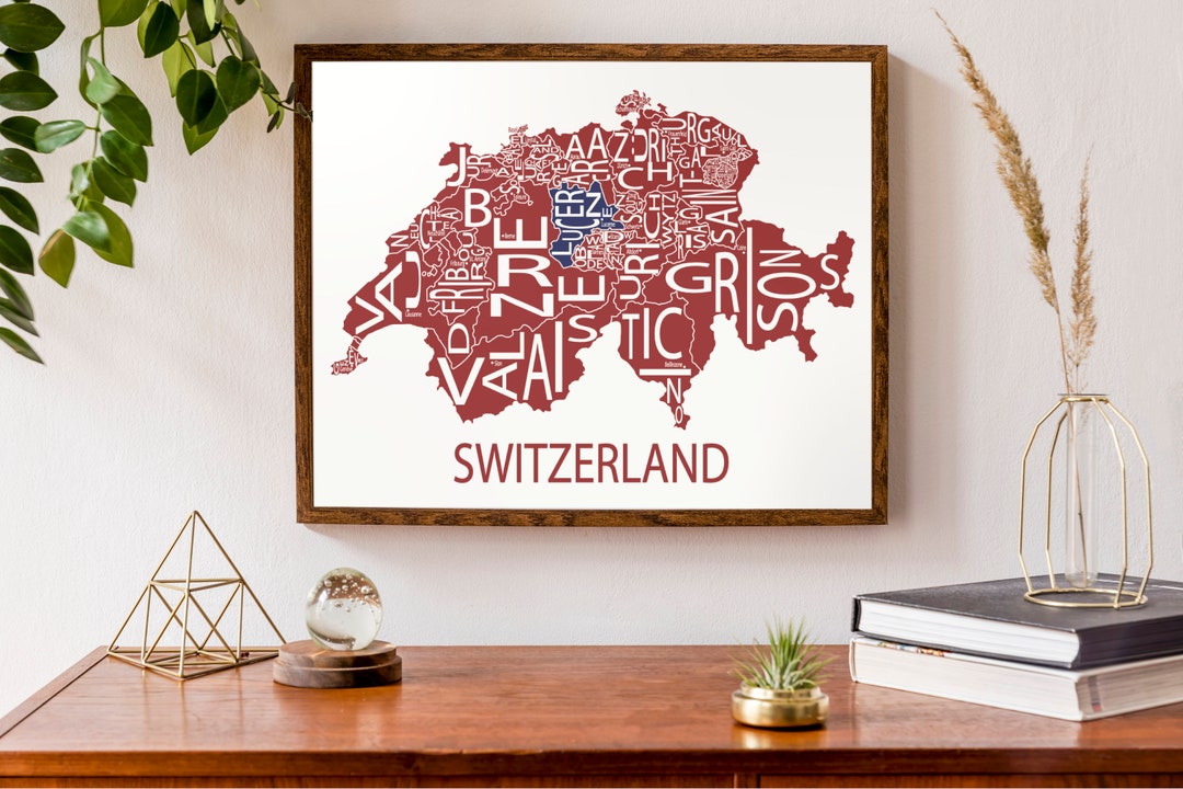 Typographic Map of the Switzerland | Modern Swiss Map | Country Map ...
