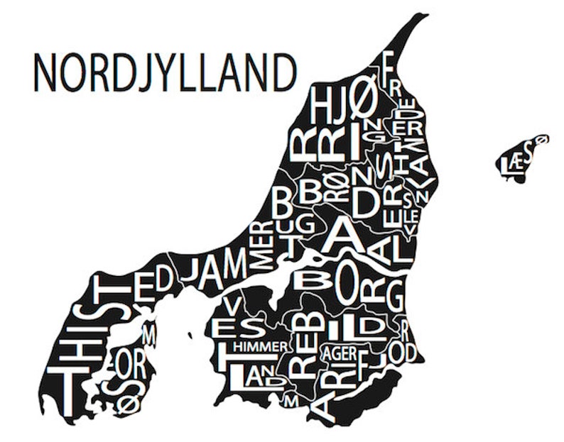 Typographic Map of Nordjylland/North Jutland Denmark | Etsy