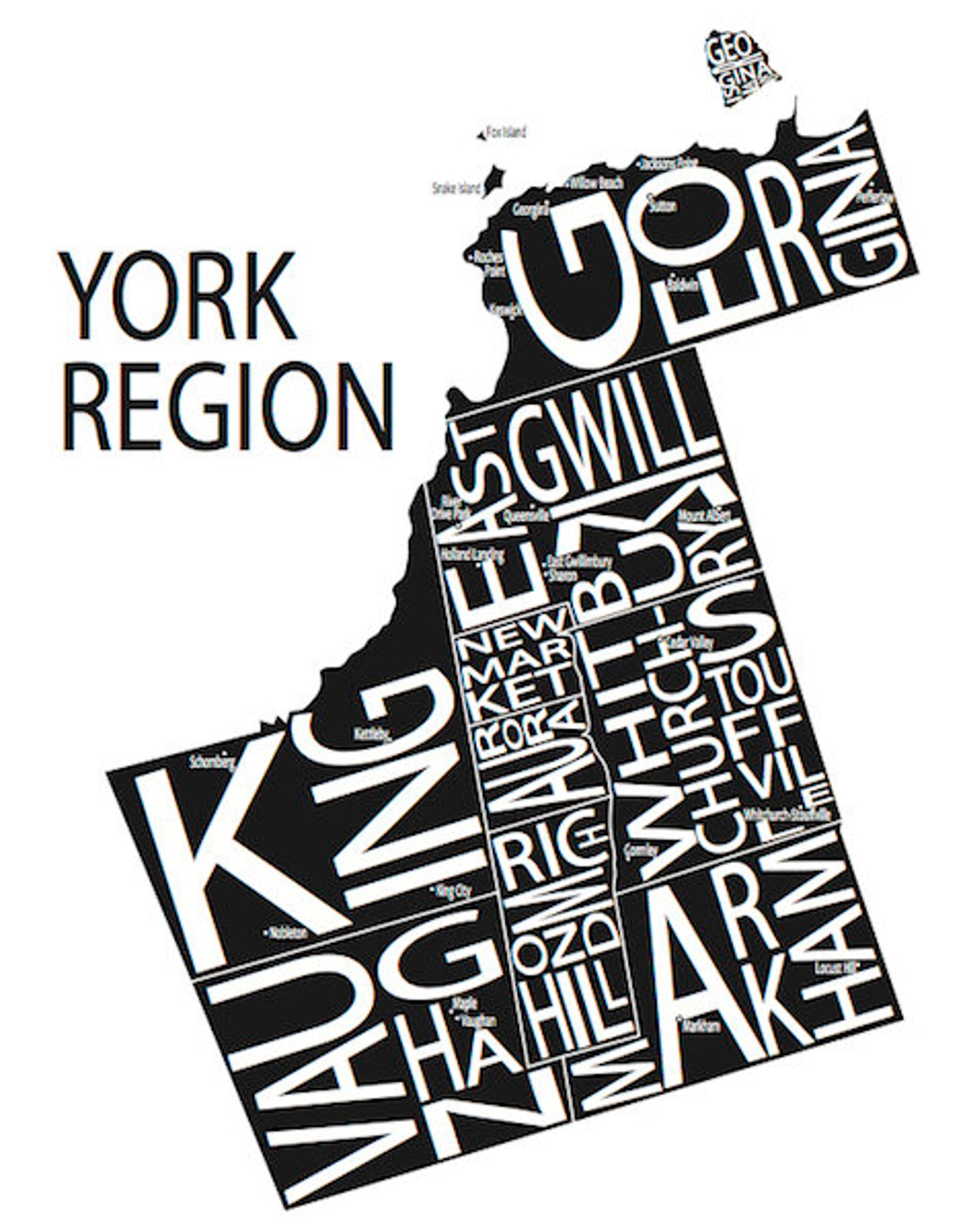 Typographic Map of York Region Ontario Markham Newmarket | Etsy