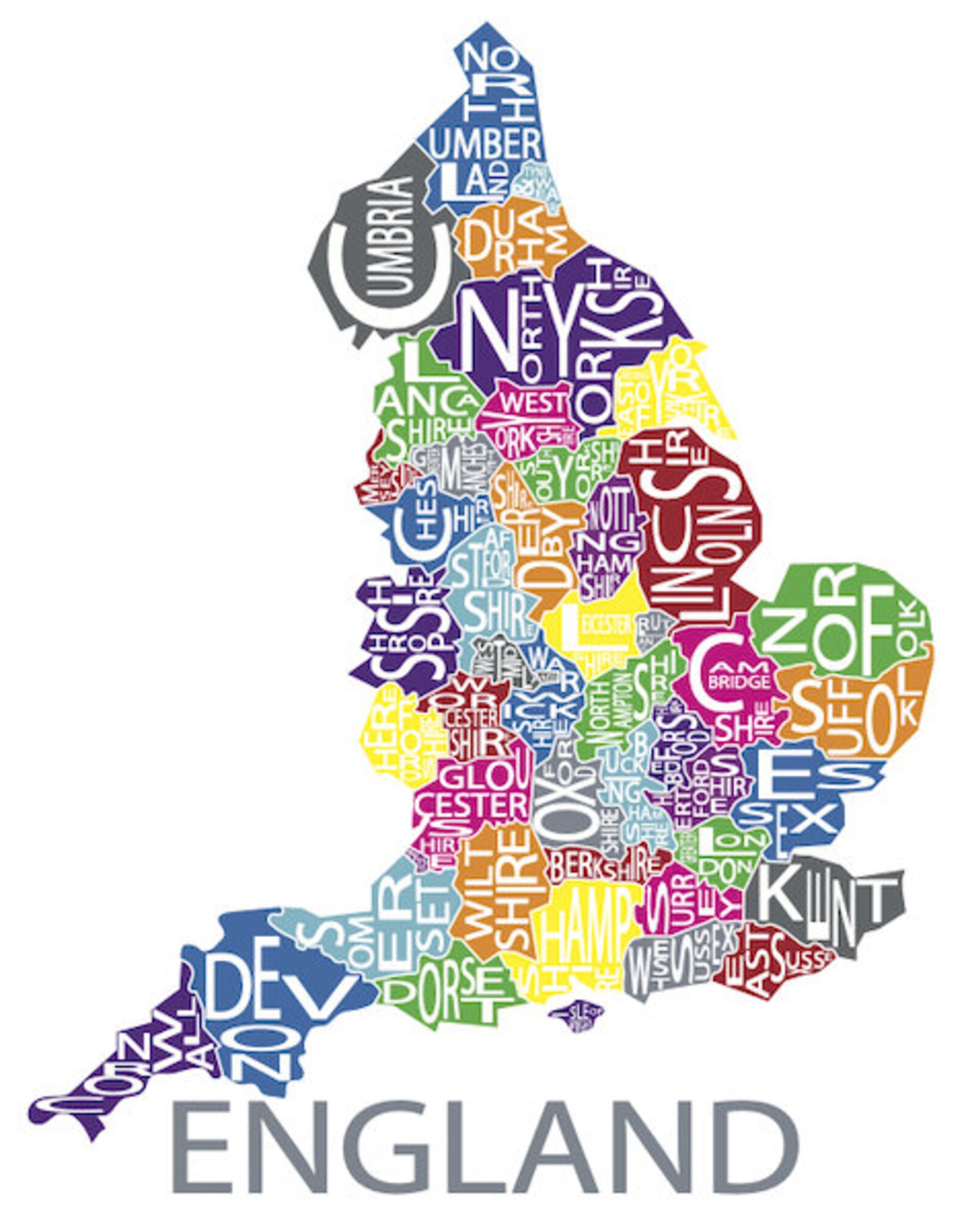Typographic Map of England Shire or County Map European - Etsy