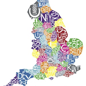 Typographic Map of England | Shire or County Map | European Map ...