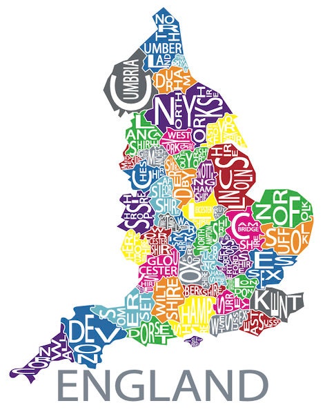 Typographic Map of England | Shire or County Map | European Map ...
