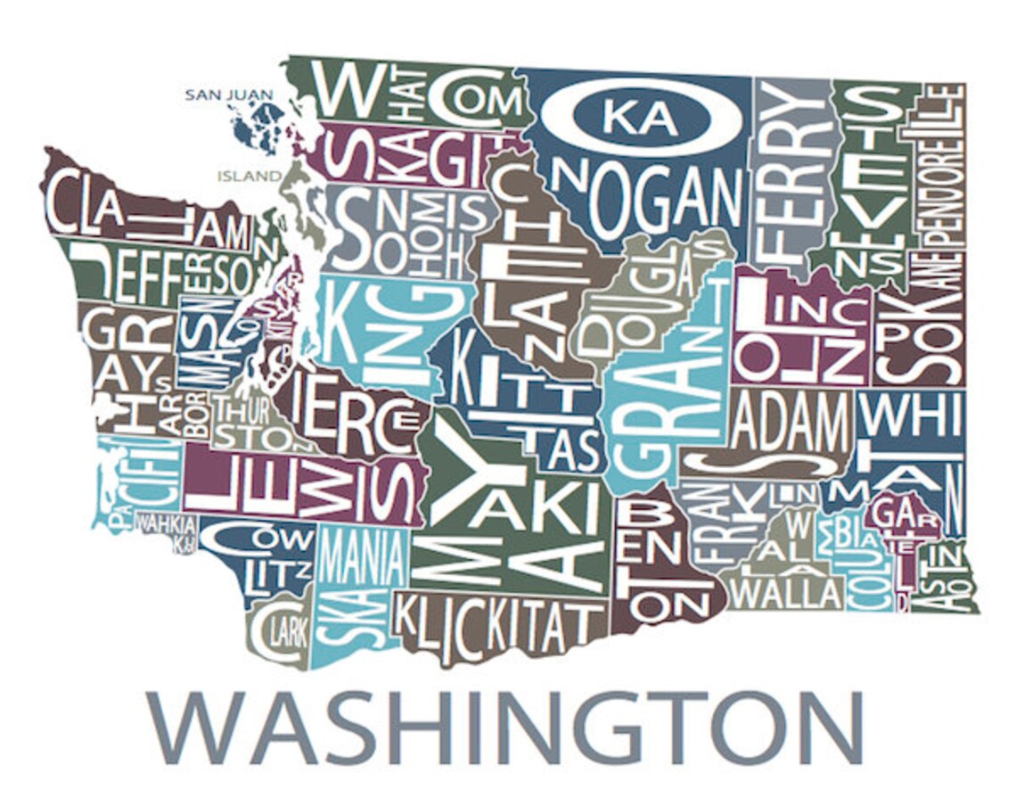 Typographic Map of Washington State WA State Map USA Map - Etsy