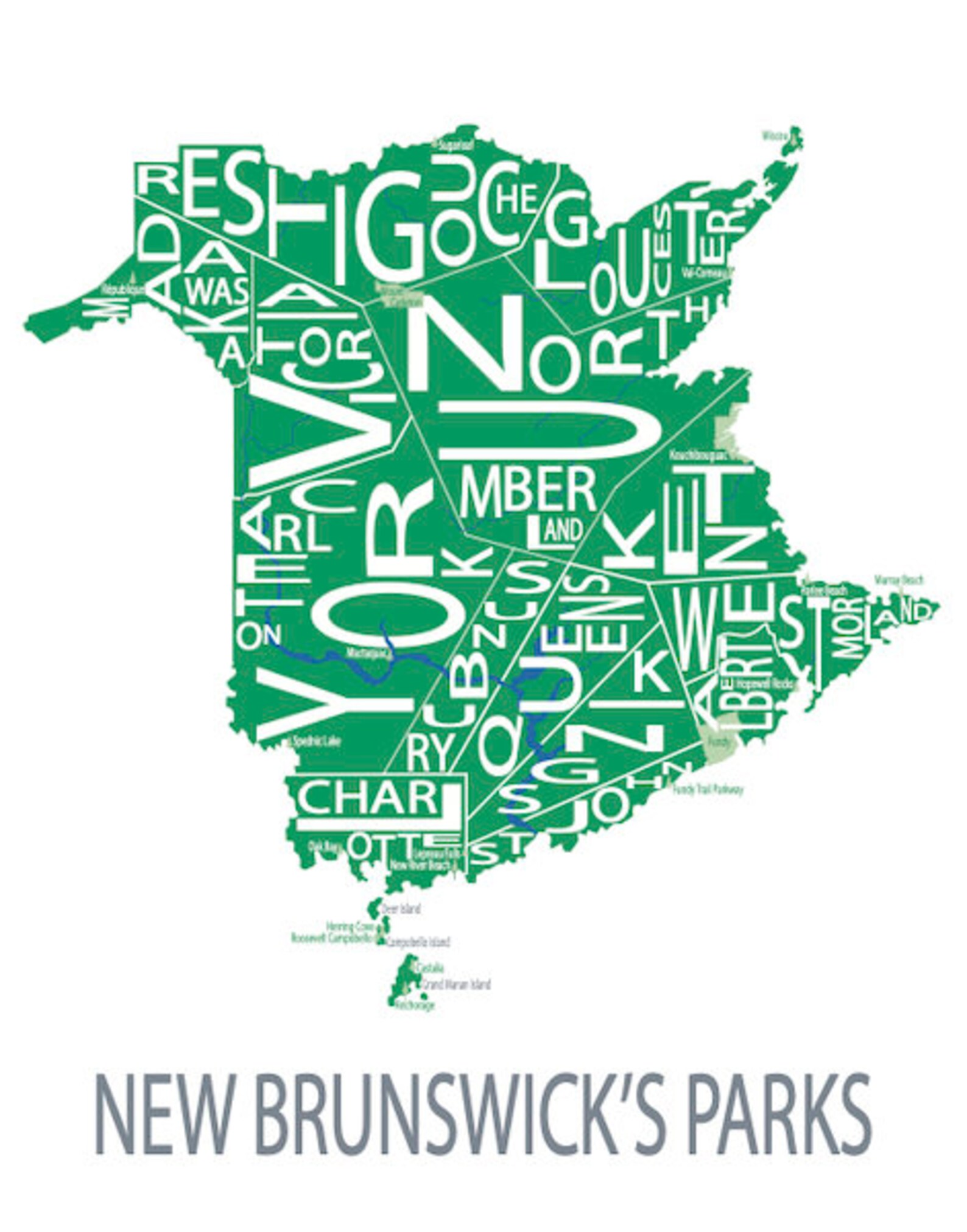 Typographic Map of Parks in New Brunswick New Brunswick | Etsy