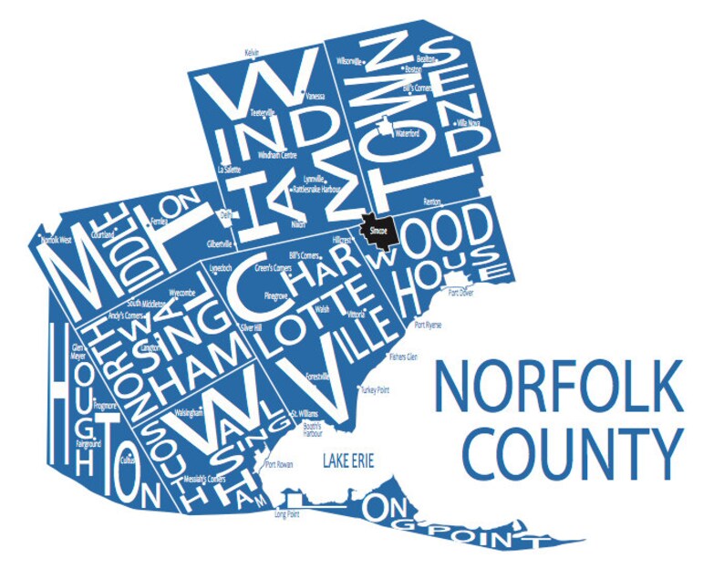 Typographic Map of Norfolk County County Map Print Ontario | Etsy