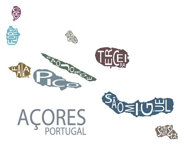 Typographic Map of Azores Islands, Portugal | Portuguese Republic Map ...