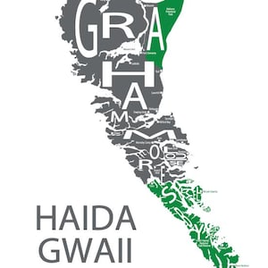 Typographic Map of Haida Gwaii, British Columbia | Queen Charlotte ...