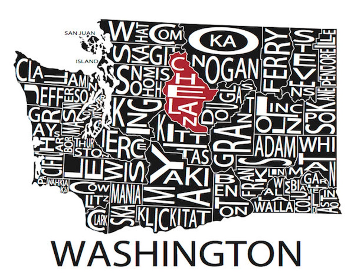 Typographic Map of Washington State WA State Map USA Map - Etsy