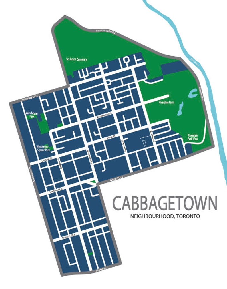 Typographic Map of Cabbagetown Toronto Ontario Canada - Etsy Canada