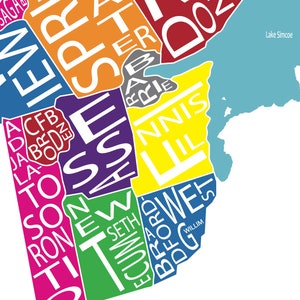 Typographic Map of Simcoe County Lake Simcoe Area Map | Etsy