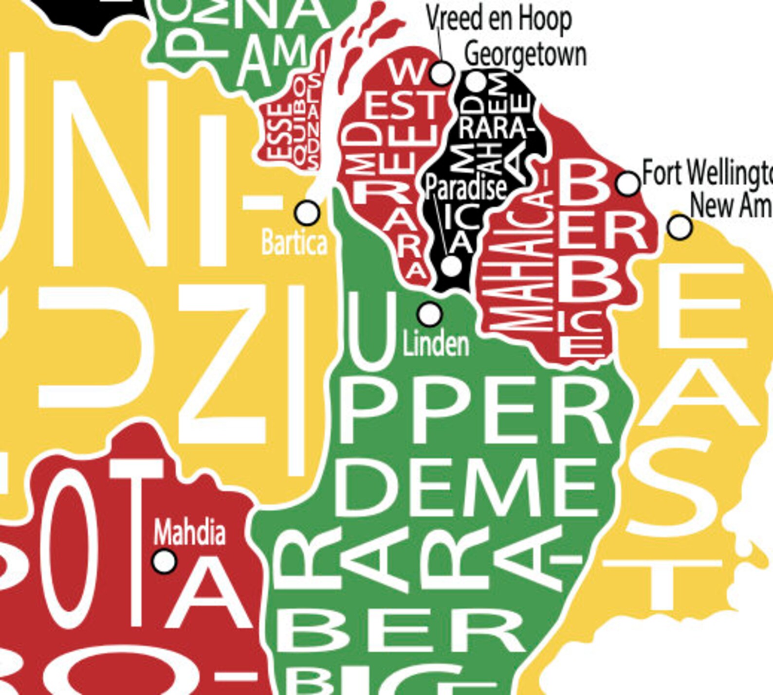 Typographic Map of Guyana, South America | Guyanese Regional Map ...