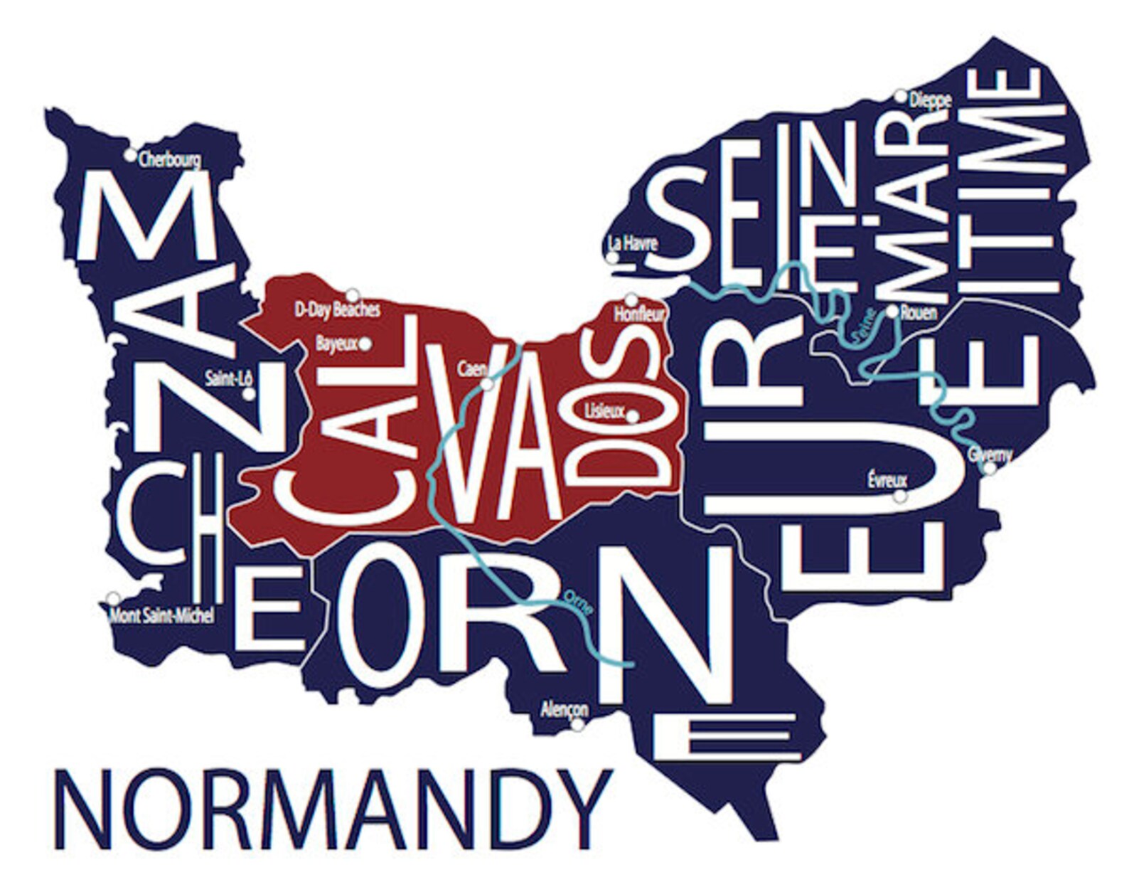 Typographic Map of Normandy Normandie Regional Map | Etsy