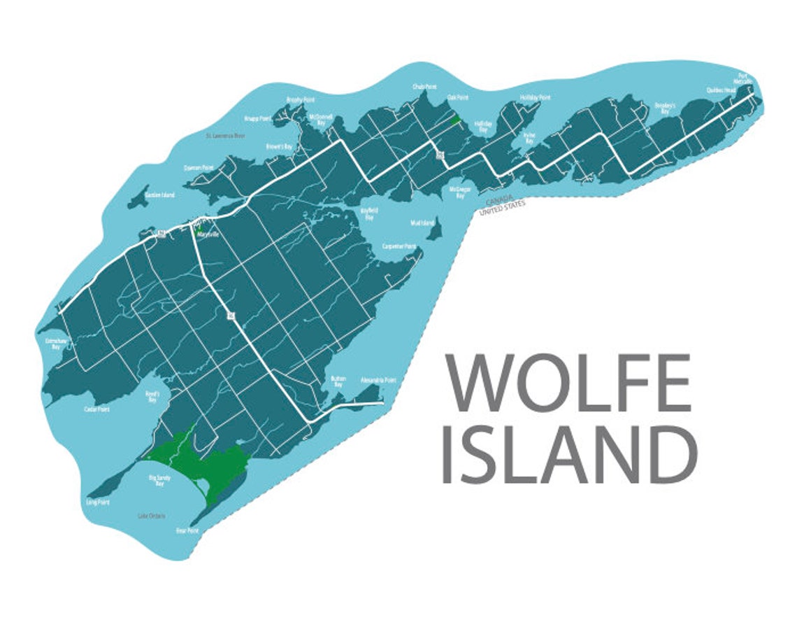 Typographic Map of Wolfe Island, Ontario, Canada | Thousand Islands ...