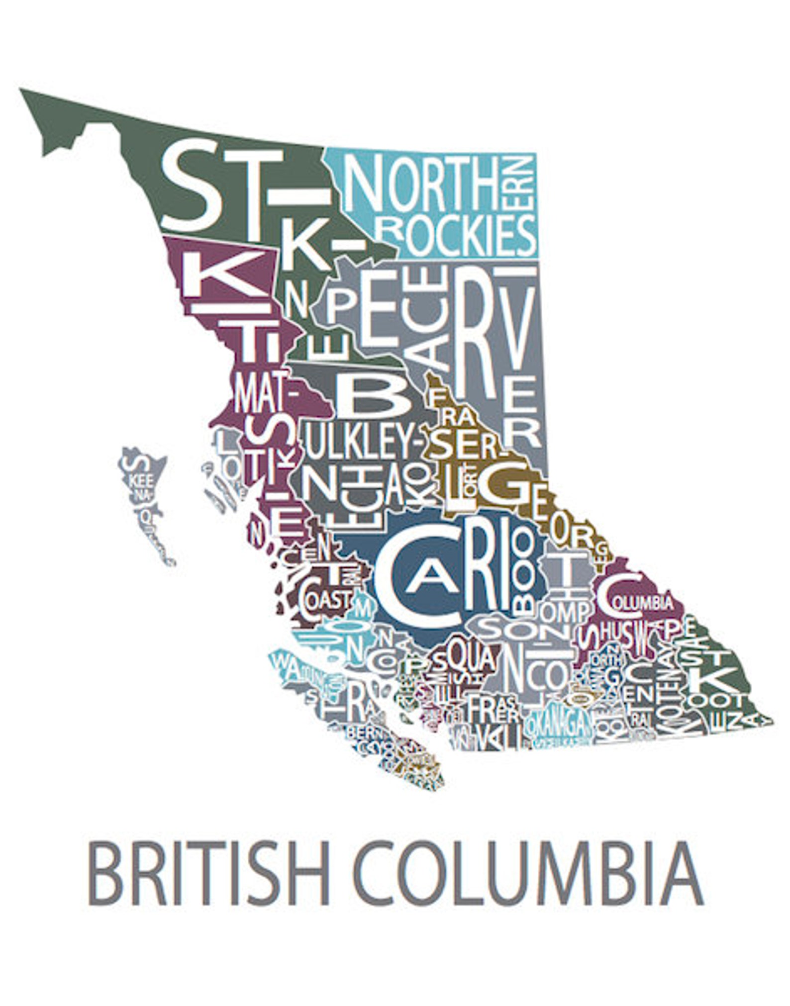 Typographic Map of British Columbia Canada Provincial Map | Etsy