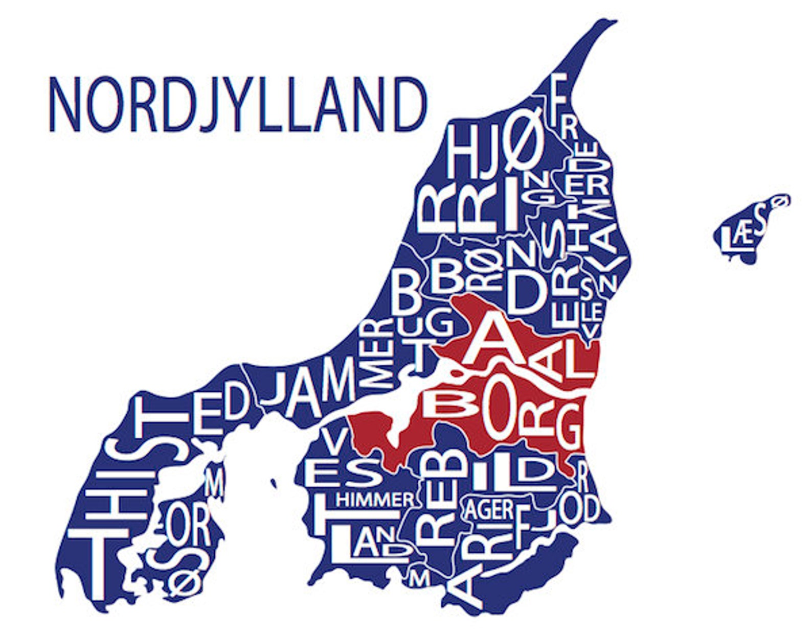 Typographic Map of Nordjylland | North Jutland Region in Denmark ...
