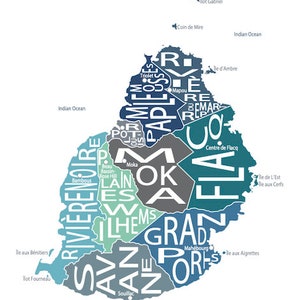 Typographic Map Mauritius | East African Island | Country Map Print ...
