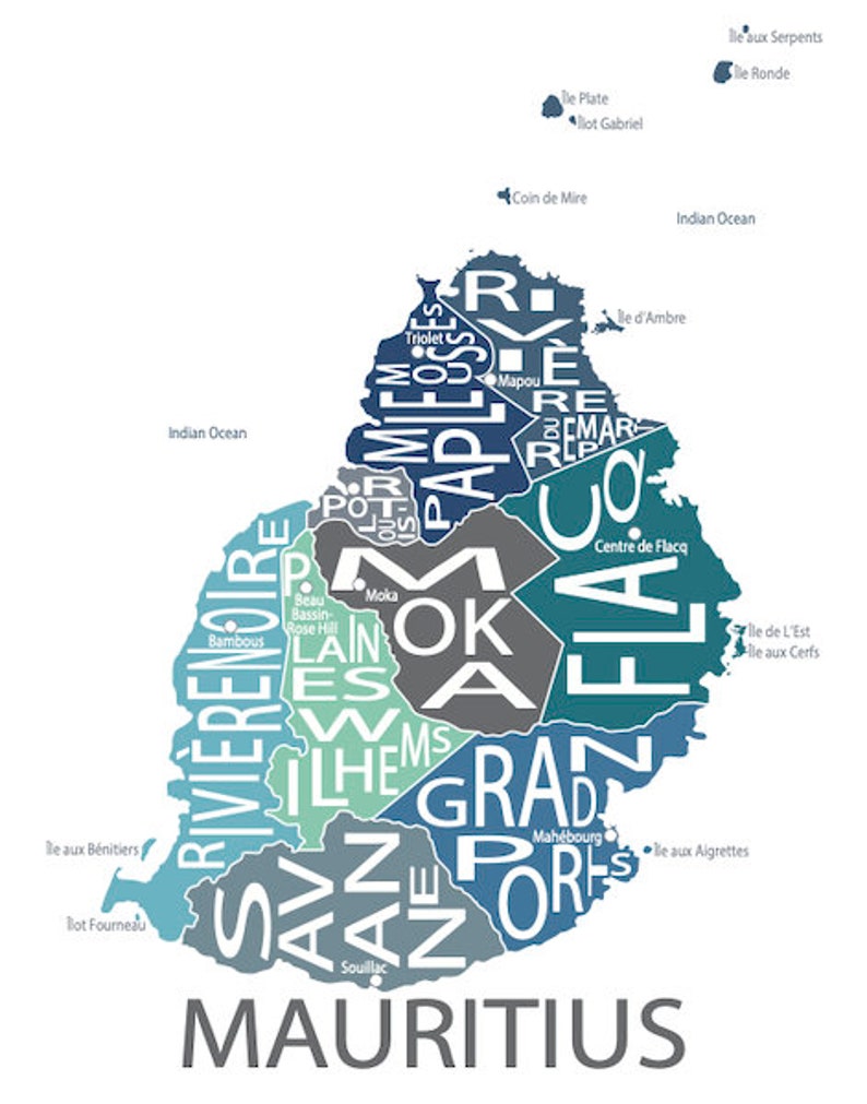 Typographic Map Mauritius | East African Island | Country Map Print ...