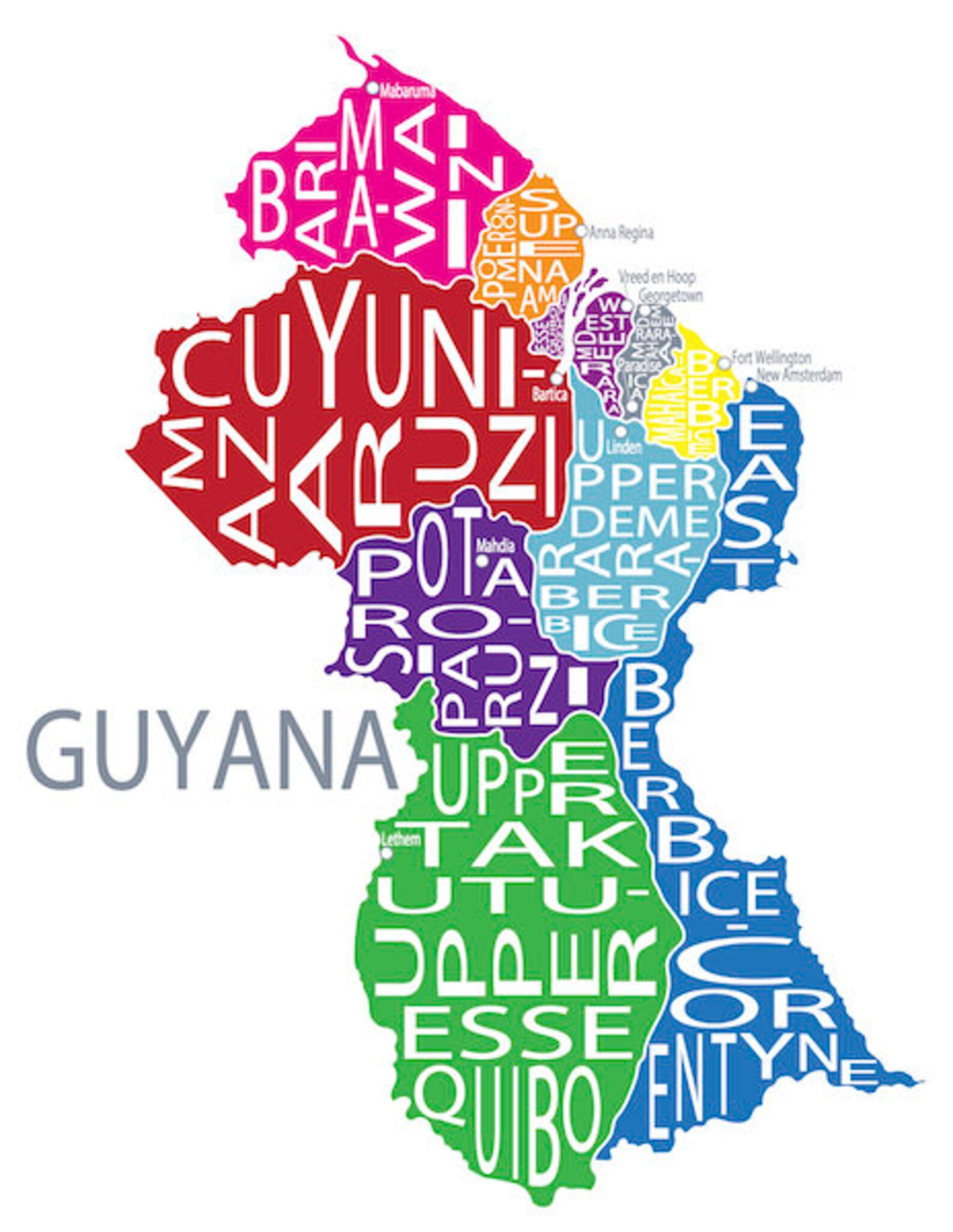 Typographic Map of Guyana, South America | Guyanese Regional Map ...