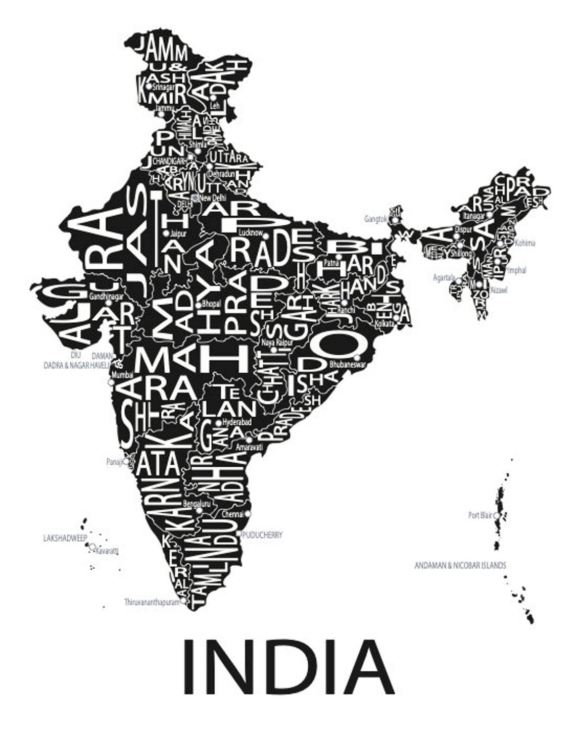 Typographic Map of India Indian States and Union Territories - Etsy