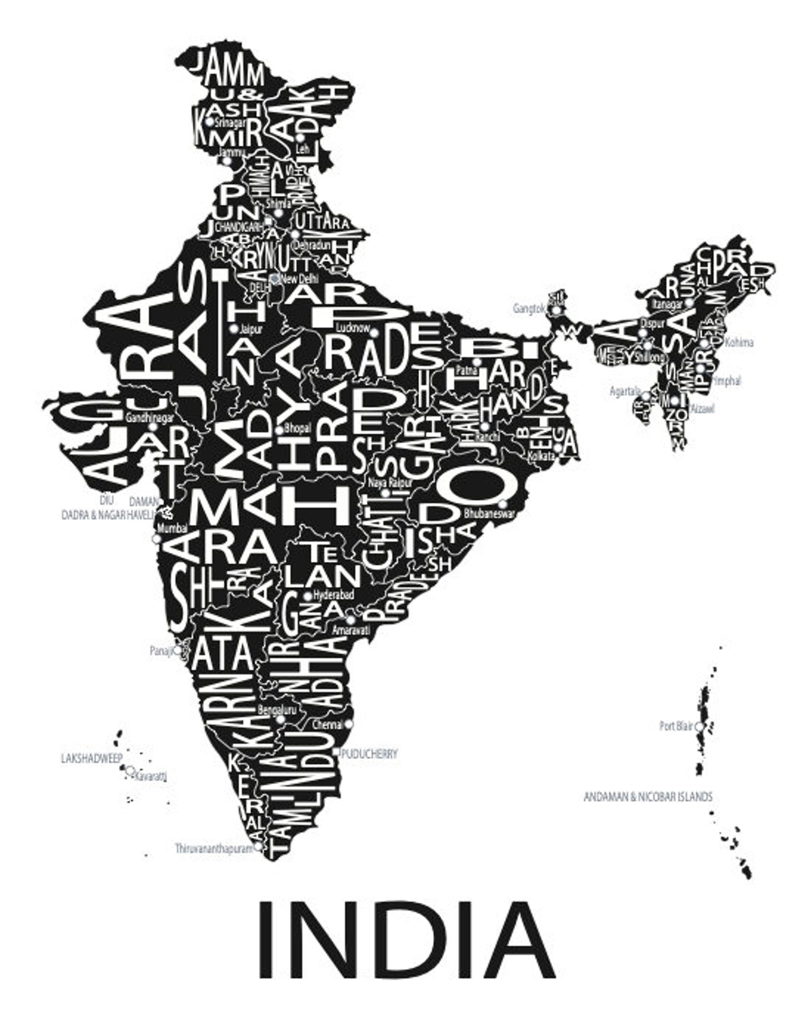 Typographic Map of India Indian States and Union Territories - Etsy