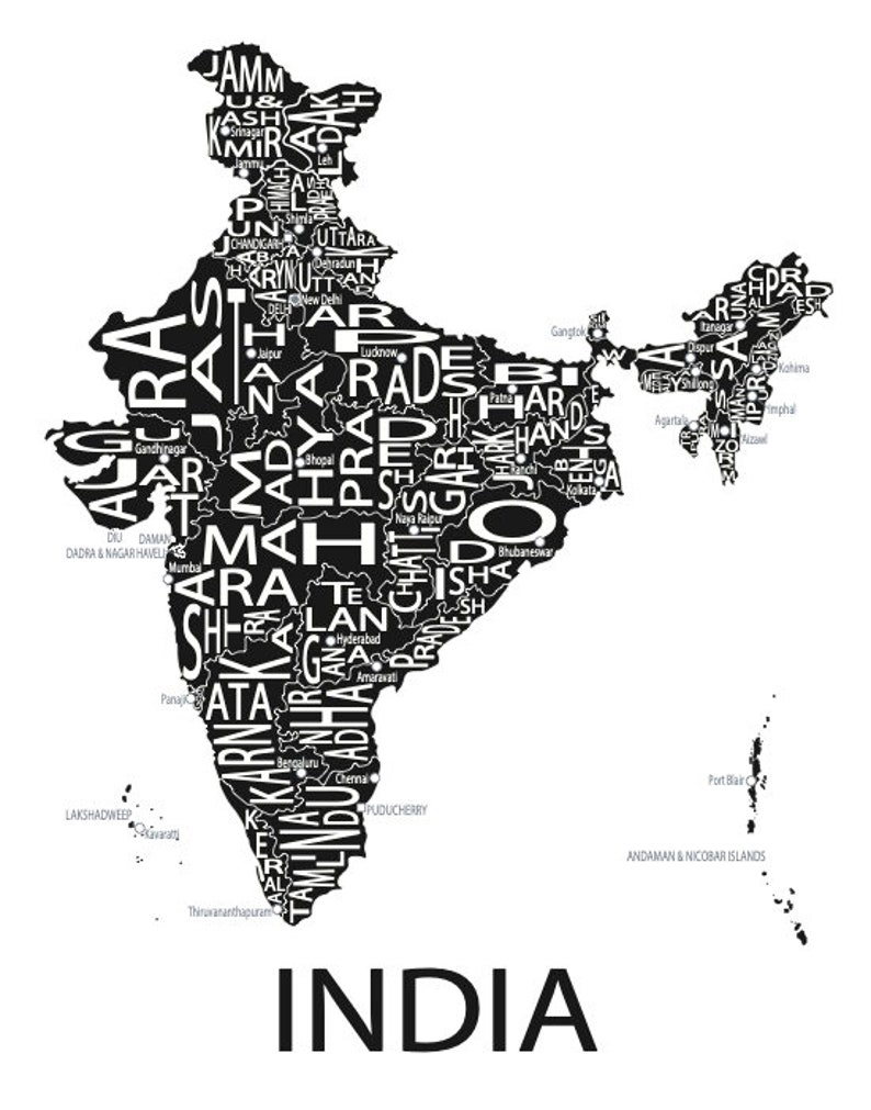 Typographic Map of India Indian States and Union Territories - Etsy