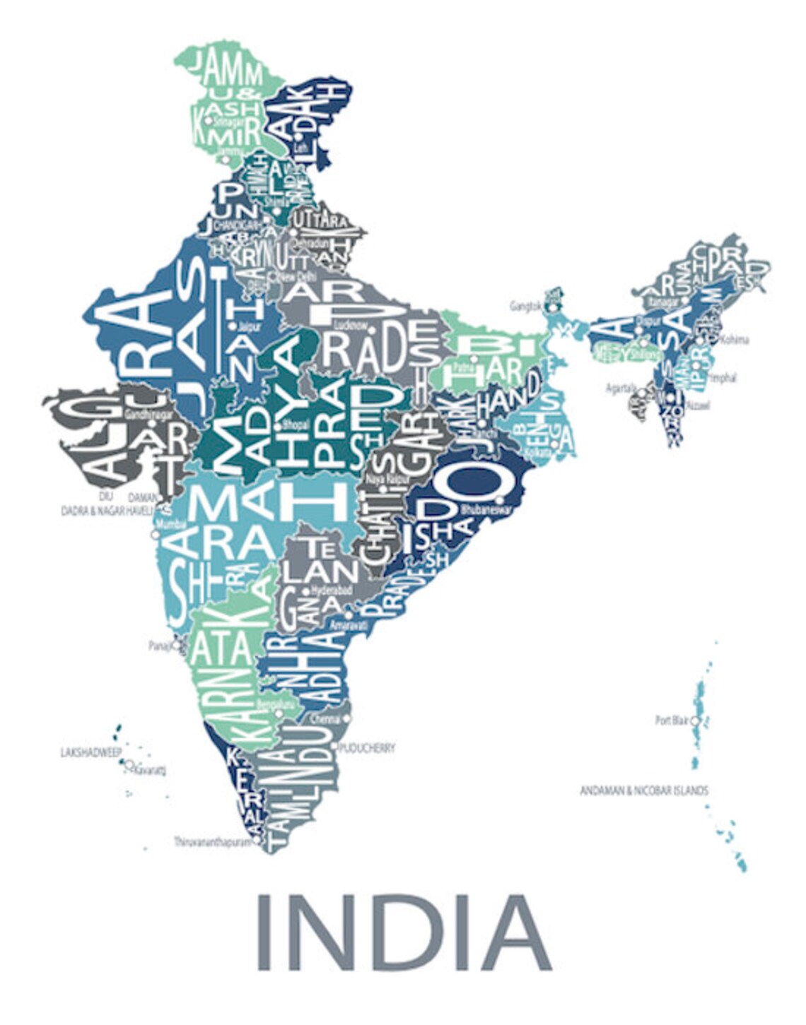 Typographic Map of India Indian States and Union Territories - Etsy