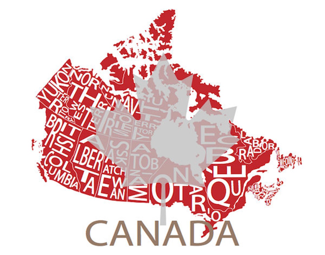 Typographic Map of Canada | Country Map Print | Canadian Map | Custom ...