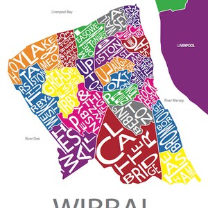 Typographic Map of Wirral, England | Borough of Wirral Map | Merseyside ...