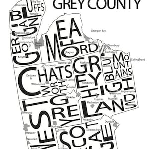 Typographic Map of Grey County | Georgian Bay Area Map | Ontario County ...