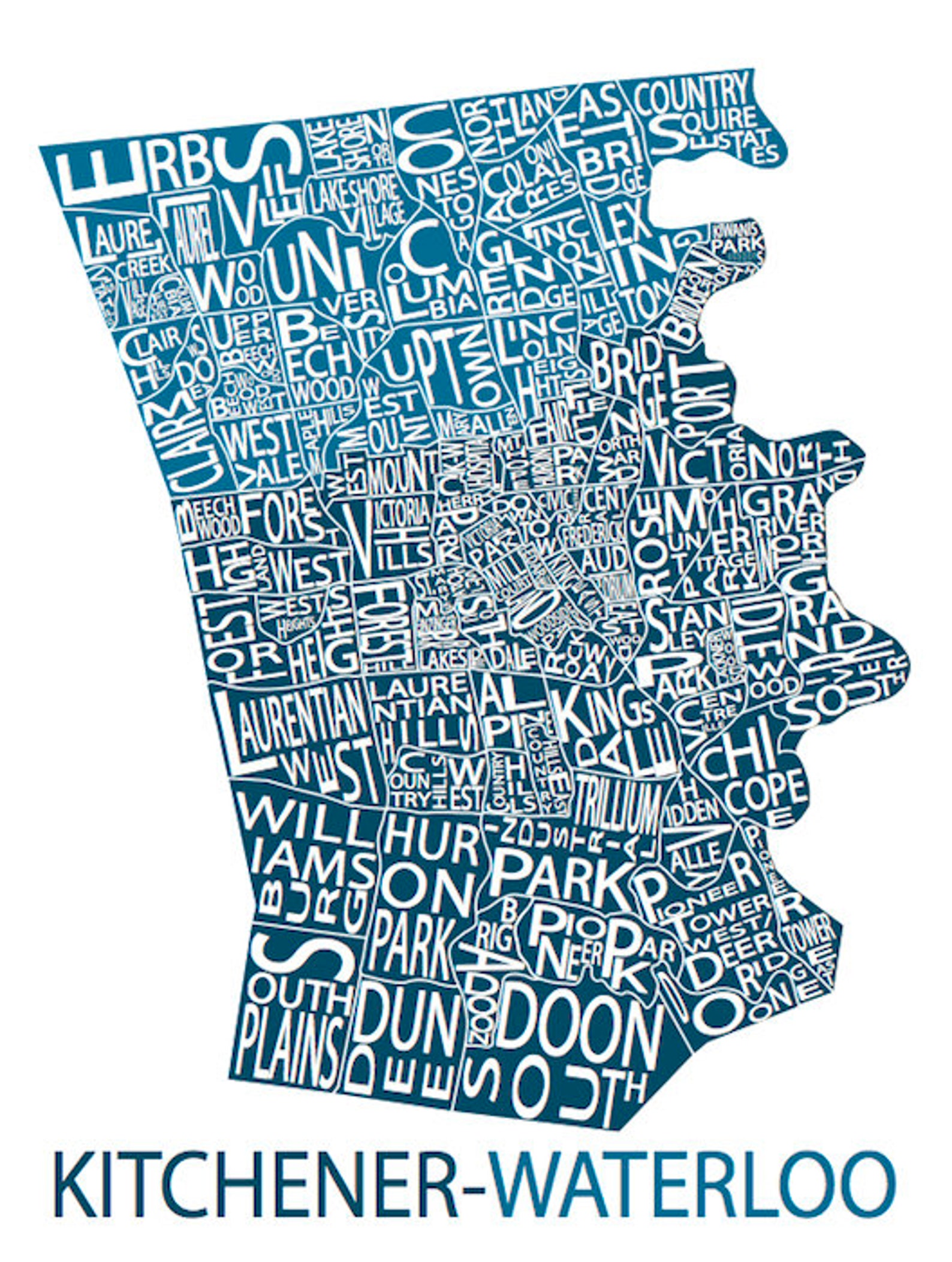 Typographic Map of Kitchener Waterloo Ontario KW City Map | Etsy