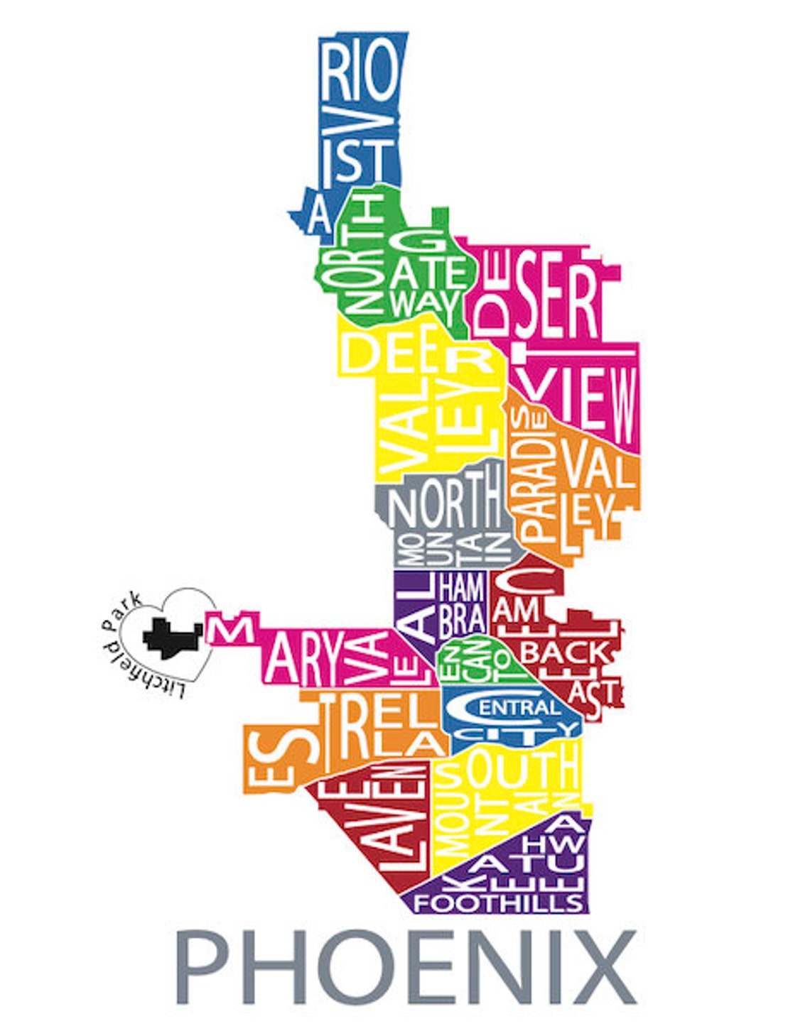 Typographic Map of Phoenix Arizona Urban Villages Map | Etsy