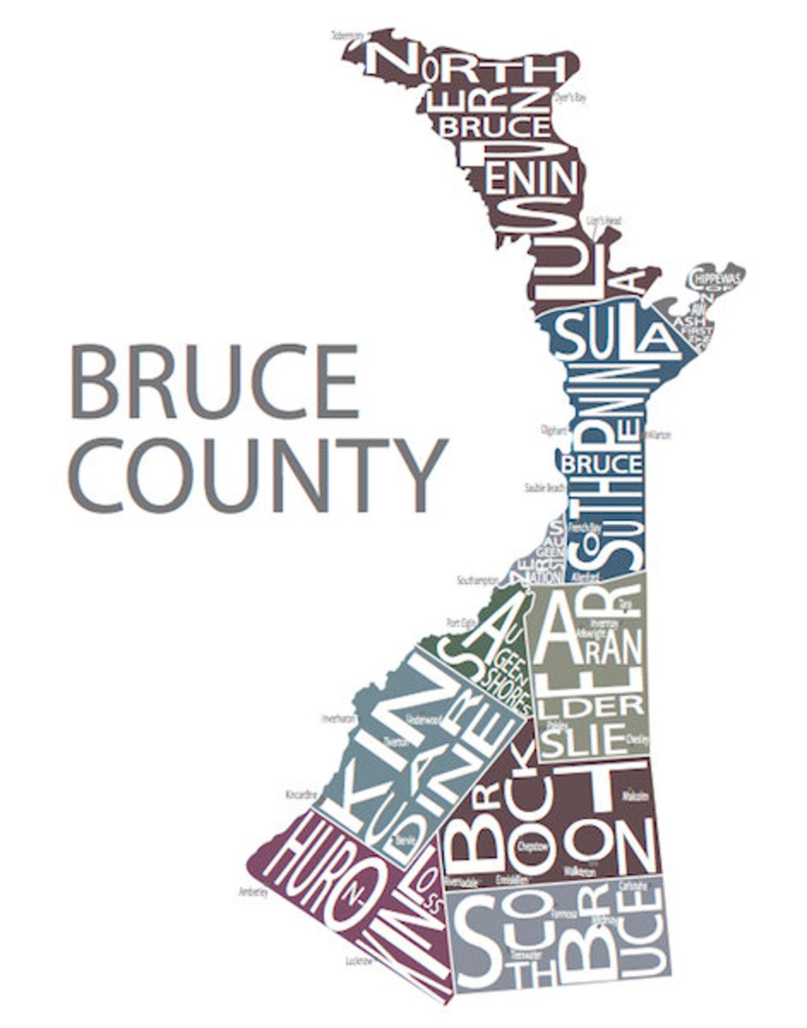 Typographic Map of Bruce County Ontario County Map Print - Etsy Canada