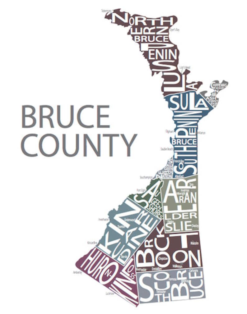 Typographic Map of Bruce County Ontario County Map Print - Etsy
